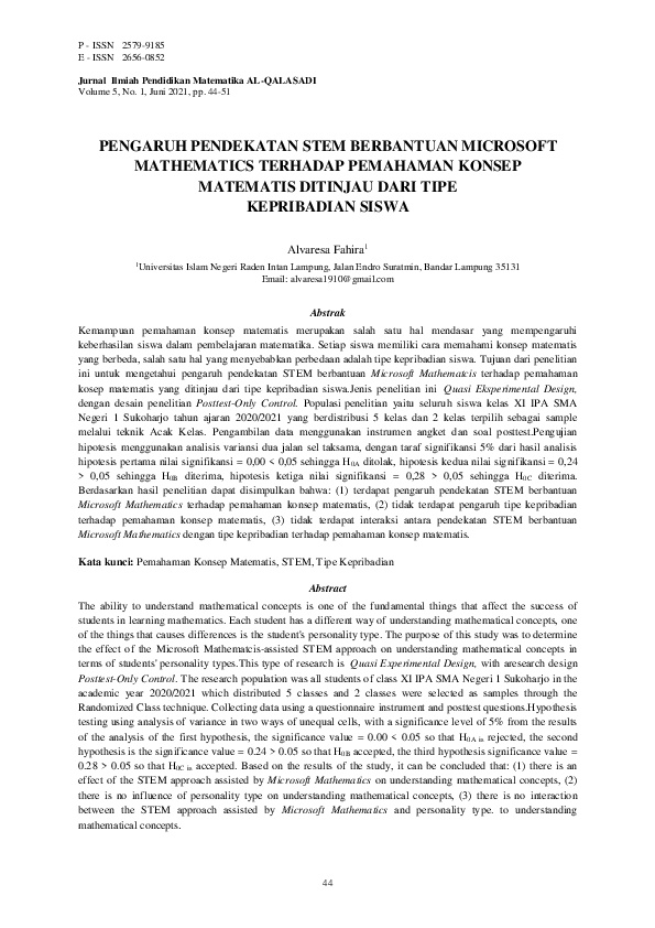 (PDF) Pengaruh Pendekatan Stem Berbantuan Microsoft Mathematics Terhadap Pemahaman Konsep ...