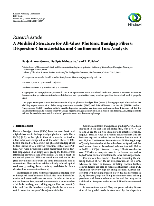 (PDF) A Modified Structure for All-Glass Photonic Bandgap Fibers: Dispersion Characteristics and ...