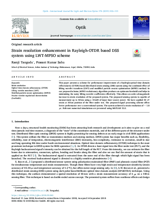 Pdf Strain Resolution Enhancement In Rayleigh Otdr Based Dss System Using Lwt Mpso Scheme