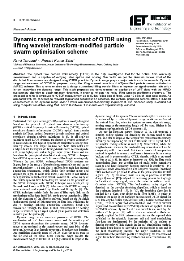 Pdf Dynamic Range Enhancement Of Otdr Using Lifting Wavelet Transform Modified Particle Swarm