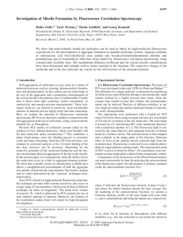 Pdf Investigation Of Micelle Formation By Fluorescence Correlation Spectroscopy