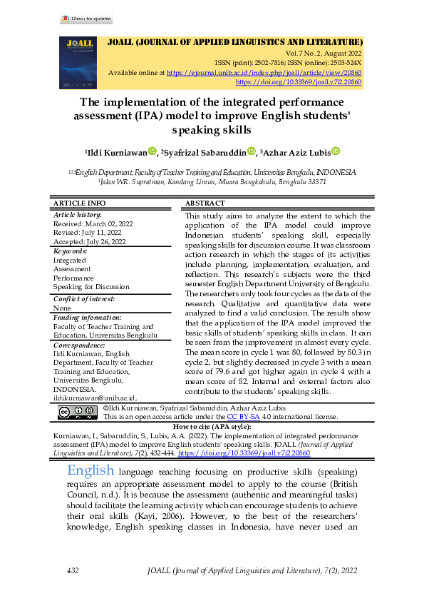 (PDF) The implementation of the integrated performance assessment (IPA ...