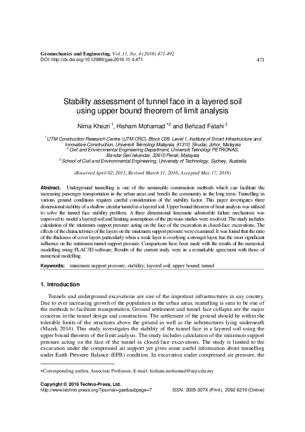 (PDF) Stability assessment of tunnel face in a layered soil using upper bound theorem of limit ...