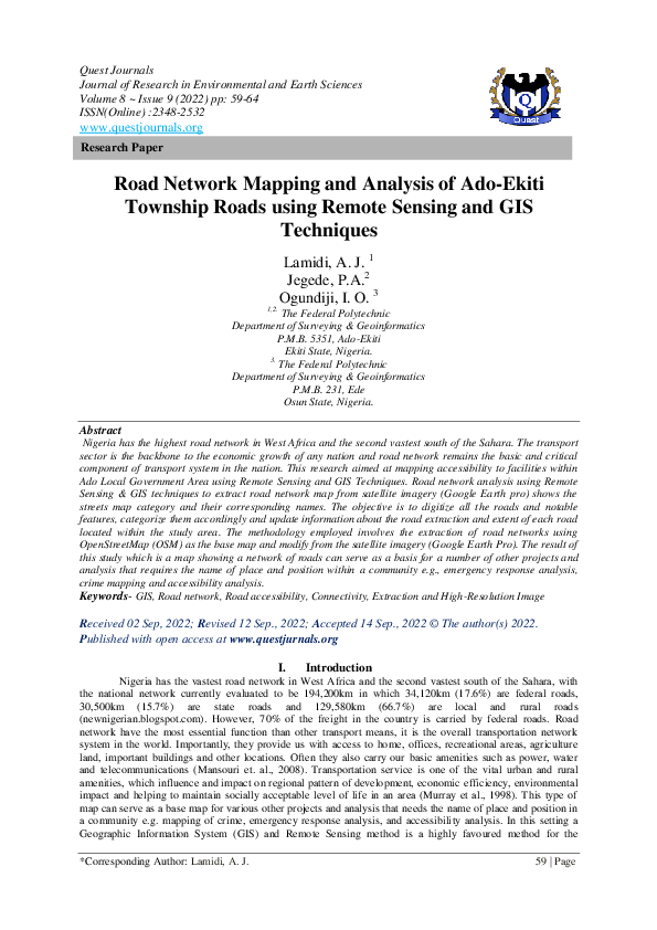 (PDF) Road Network Mapping and Analysis of Ado-Ekiti Township Roads using Remote Sensing and GIS ...