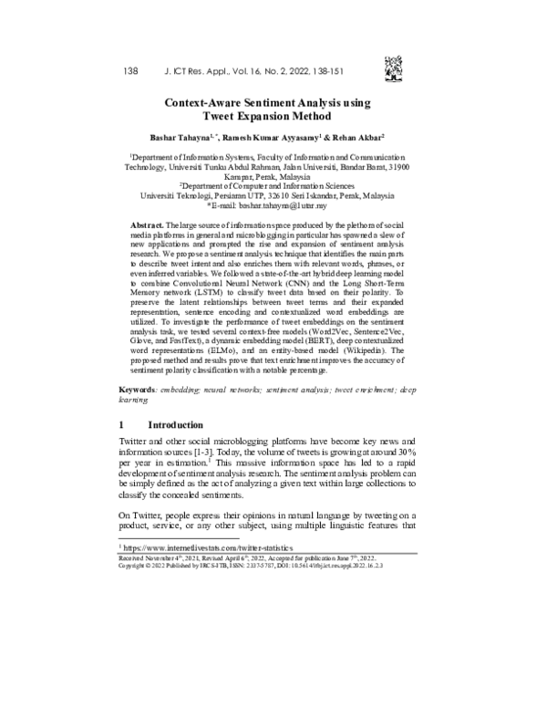 (PDF) Context-Aware Sentiment Analysis using Tweet Expansion Method