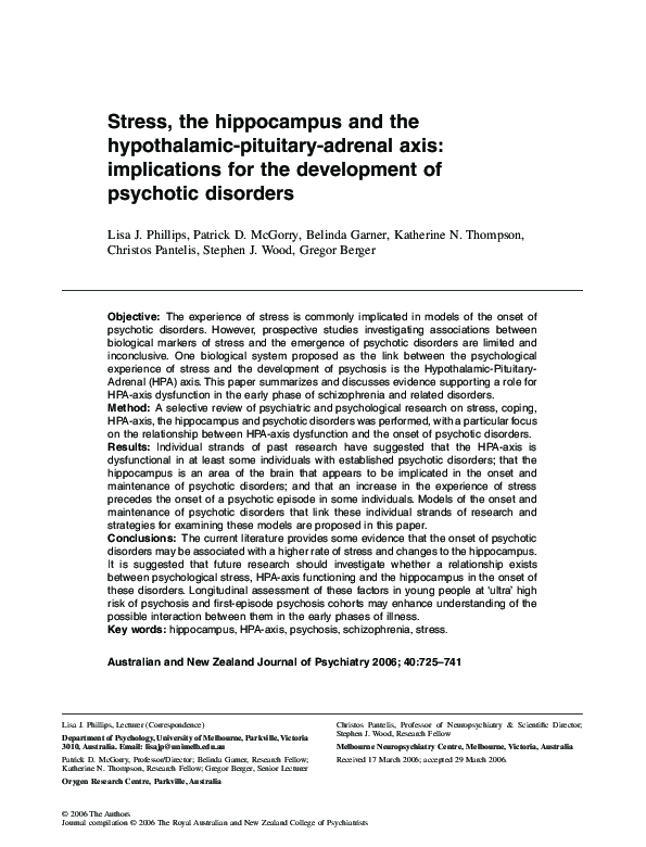 (PDF) Stress, the hippocampus and the hypothalamic-pituitary-adrenal axis: implications for the ...