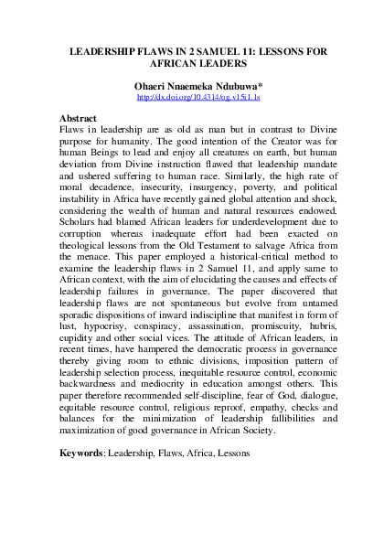 (PDF) Leadership flaws in 2 Samuel 11: lessons for African leaders