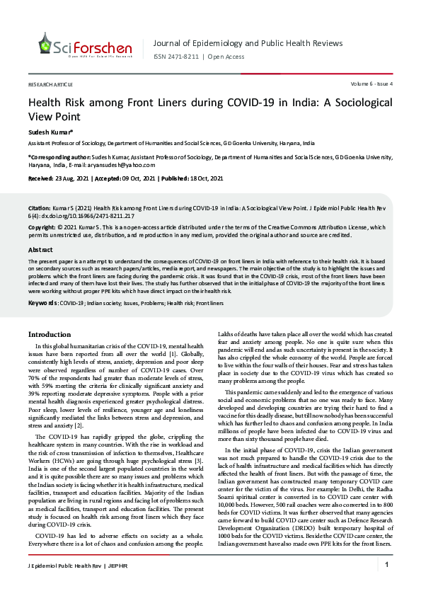 (PDF) Health Risk among Front Liners during COVID-19 in India: A Sociological View Point | Dr ...
