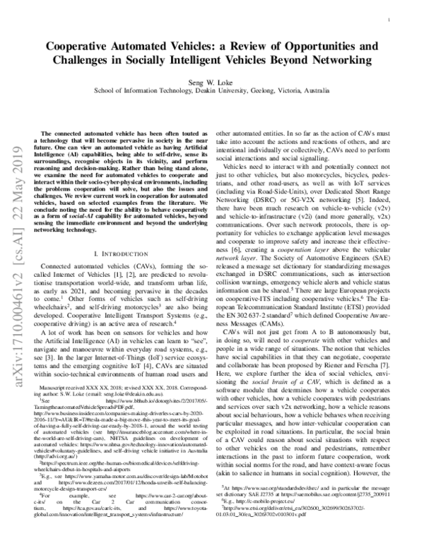 Pdf Cooperative Automated Vehicles A Review Of Opportunities And Challenges In Socially