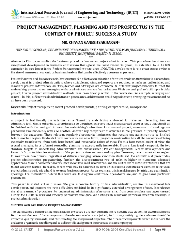(PDF) PROJECT MANAGEMENT, PLANNING AND ITS PROSPECTUS IN THE CONTEXT OF PROJECT SUCCESS: A STUDY