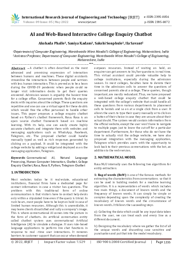 (PDF) AI and Web-Based Interactive College Enquiry Chatbot