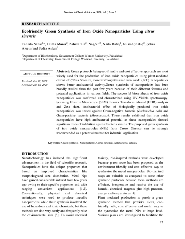 (PDF) Ecofriendly Green Synthesis of Iron Oxide Nanoparticles Using citrus sinensis