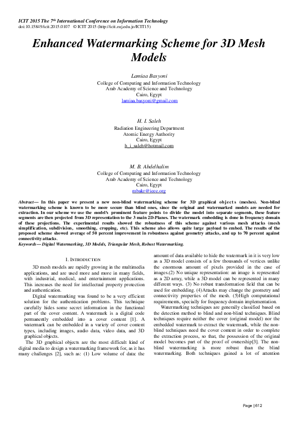(PDF) Enhanced Watermarking Scheme for 3D Mesh Models | Lamiaa Basyoni - Academia.edu