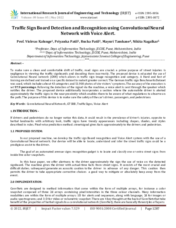 Pdf Traffic Sign Board Detection And Recognition Using Convolutional