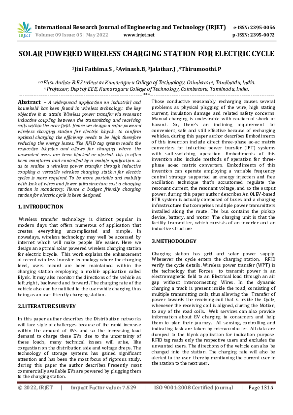 (PDF) SOLAR POWERED WIRELESS CHARGING STATION FOR ELECTRIC CYCLE
