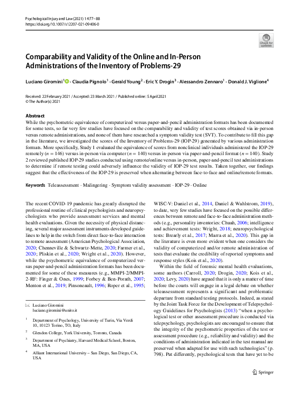 (PDF) Comparability and Validity of the Online and In-Person ...