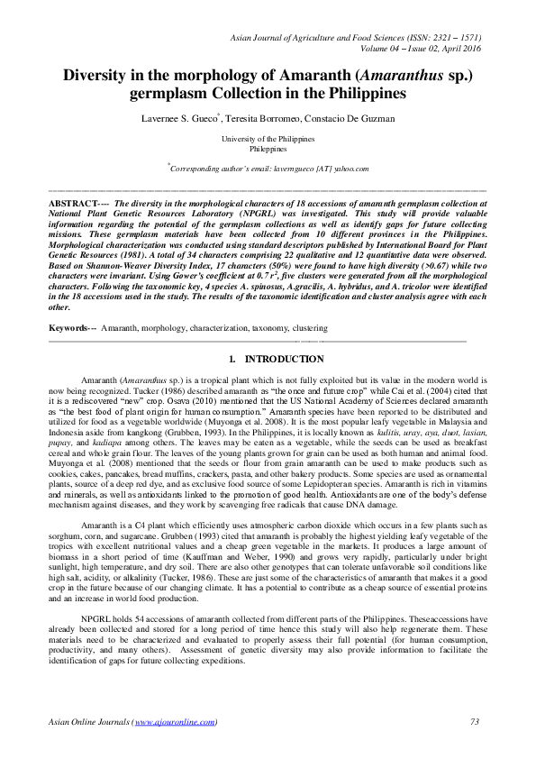 (PDF) Diversity in the morphology of Amaranth ( Amaranthus sp.) germplasm Collection in the ...