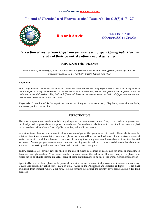 (PDF) Extraction of resins from Capsicum annuum var . longum ( Siling ...