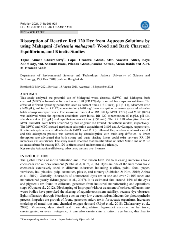 (PDF) Biosorption of Reactive Red 120 Dye from Aqueous Solutions by ...