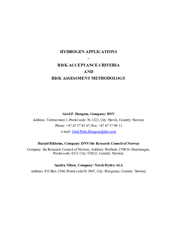(PDF) Hydrogen Applications - Risk Acceptance Criteria and Risk Assessment Methodology