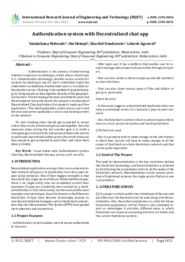 (PDF) Authentication system with Decentralized chat app