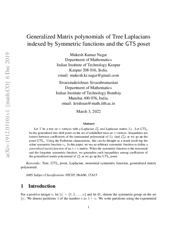 (PDF) Generalized Matrix polynomials of Tree Laplacians indexed by ...