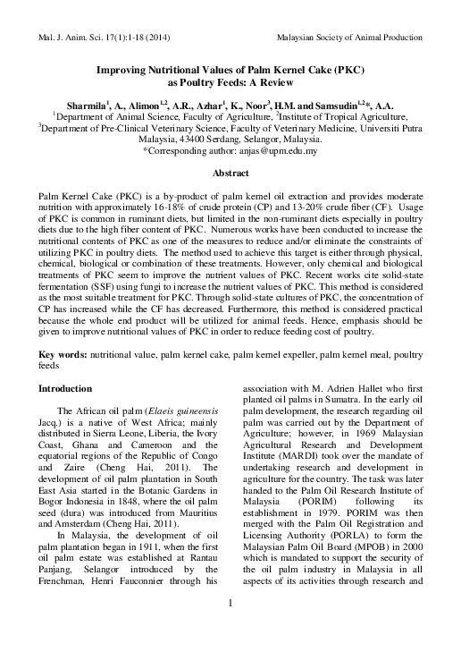 (PDF) Improving Nutritional Values of Palm Kernel Cake (PKC) as Poultry ...