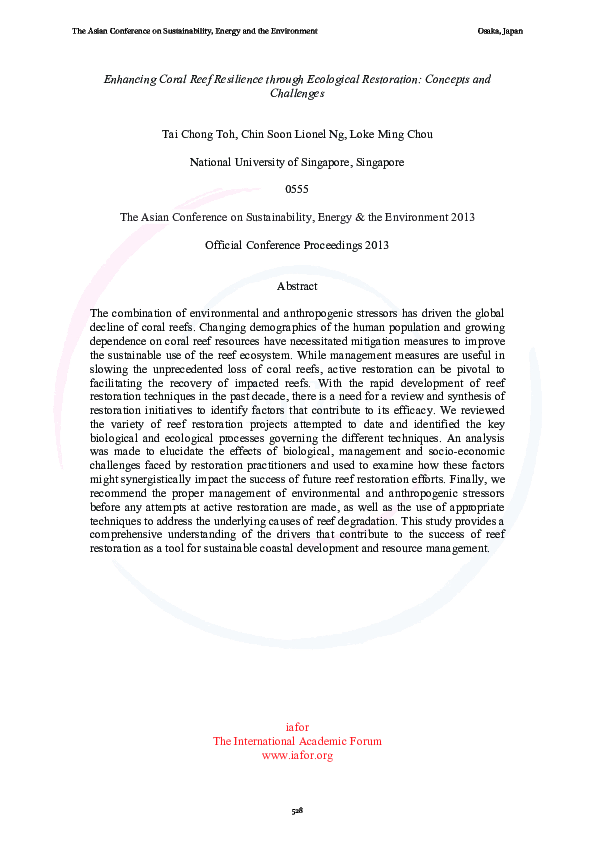 (PDF) Enhancing Coral Reef Resilience through Ecological Restoration: Concepts and Challenges