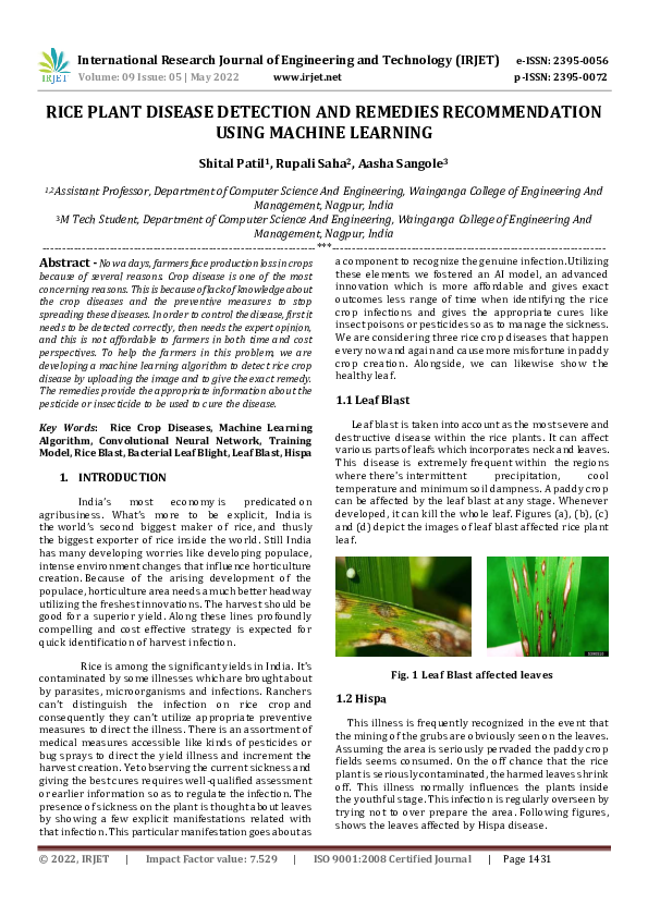 (PDF) RICE PLANT DISEASE DETECTION AND REMEDIES RECOMMENDATION USING ...