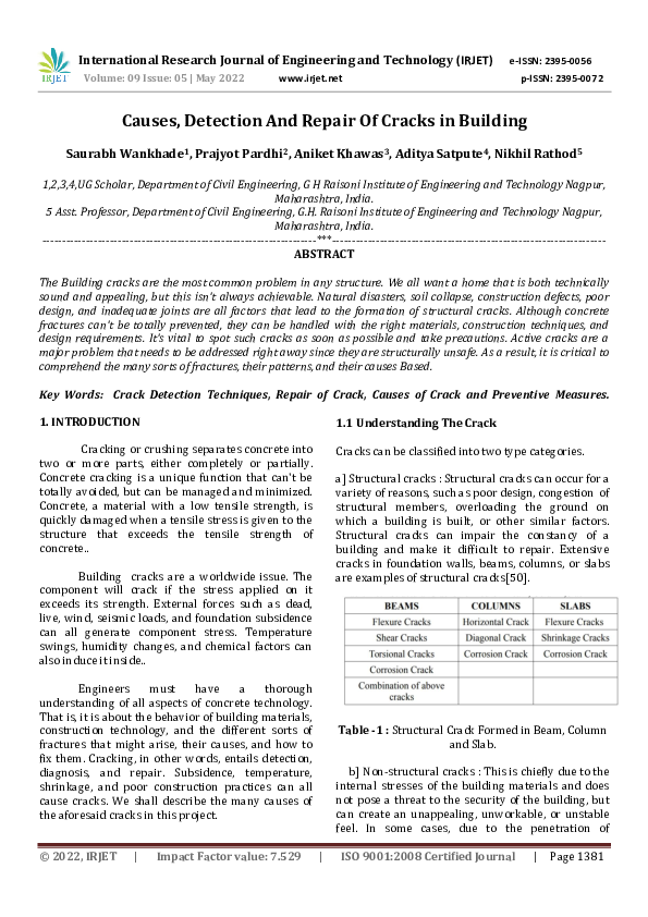 Pdf Causes Detection And Repair Of Cracks In Building