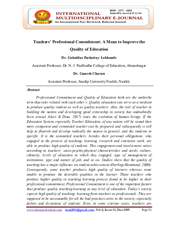 (PDF) Teachers' Professional Commitment: A Mean to Improve the Quality ...