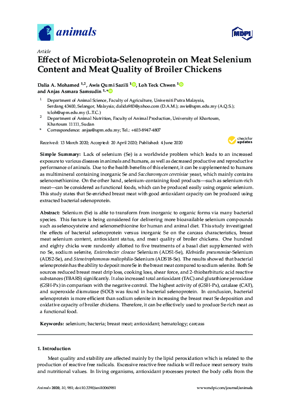 (PDF) Effect of Microbiota-Selenoprotein on Meat Selenium Content and Meat Quality of Broiler ...