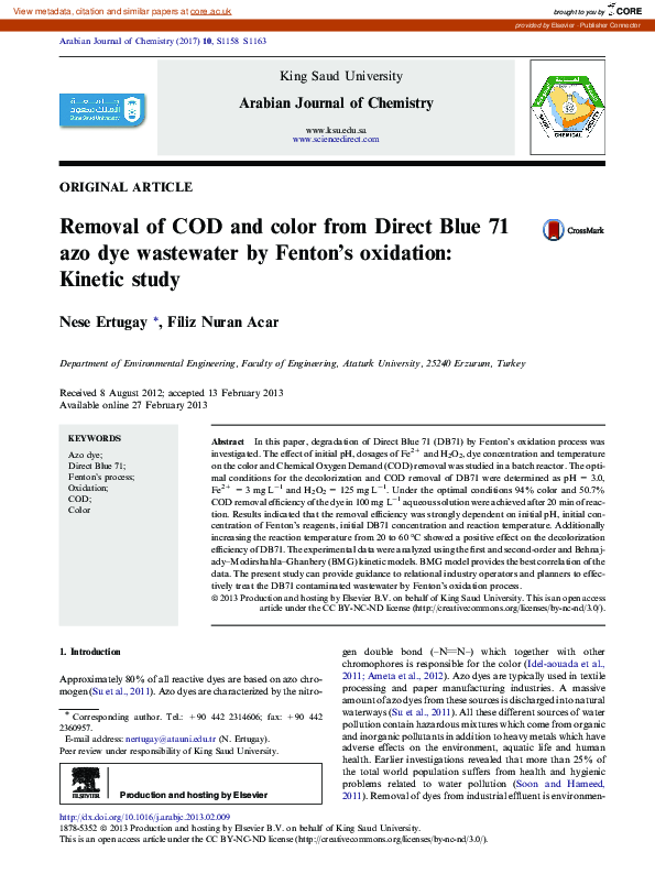 (PDF) Removal of COD and color from Direct Blue 71 azo dye wastewater ...
