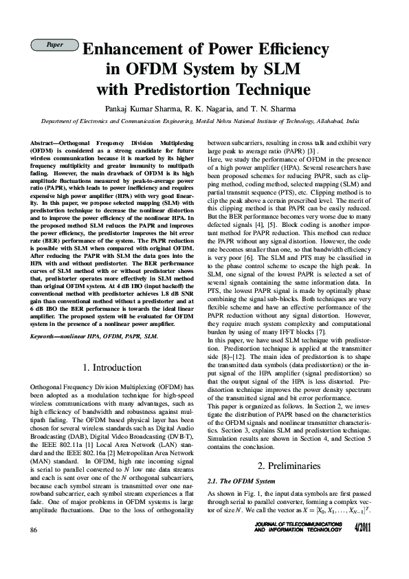 Pdf Enhancement Of Power Efficiency In Ofdm System By Slm With