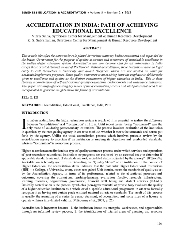 (PDF) Accreditation in India: Path of Achieving Educational Excellence