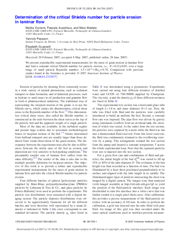 (PDF) Determination of the critical Shields number for particle erosion ...