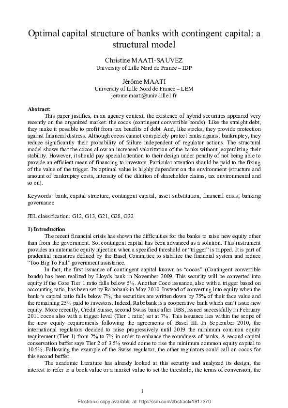 (PDF) Optimal Capital Structure of Banks with Contingent Capital: A ...