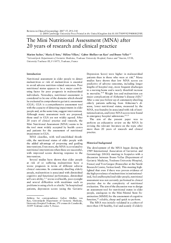 (PDF) The Mini Nutritional Assessment (MNA) after 20 years of research and clinical practice