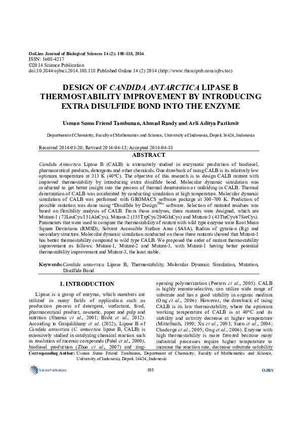 (PDF) DESIGN OF CANDIDA ANTARCTICA LIPASE B THERMOSTABILITY IMPROVEMENT ...