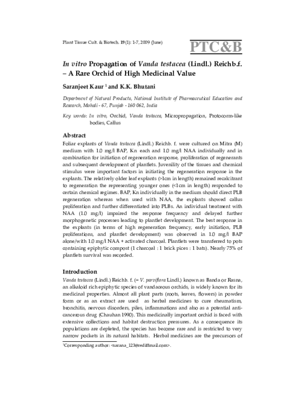 (PDF) In vitro Propagation of Vanda testacea (Lindl.) Reichb.f. A Rare ...