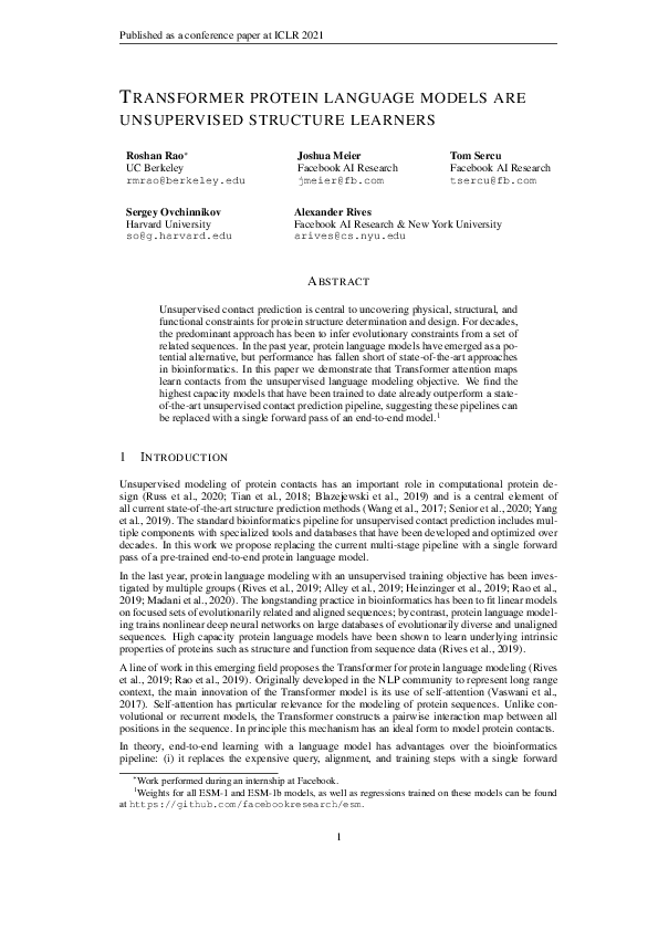 (PDF) Transformer protein language models are unsupervised structure ...