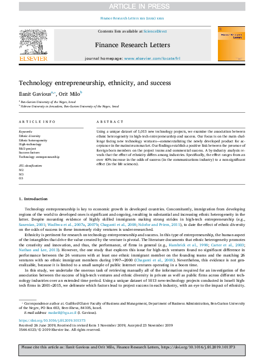 (PDF) Technology entrepreneurship, ethnicity, and success