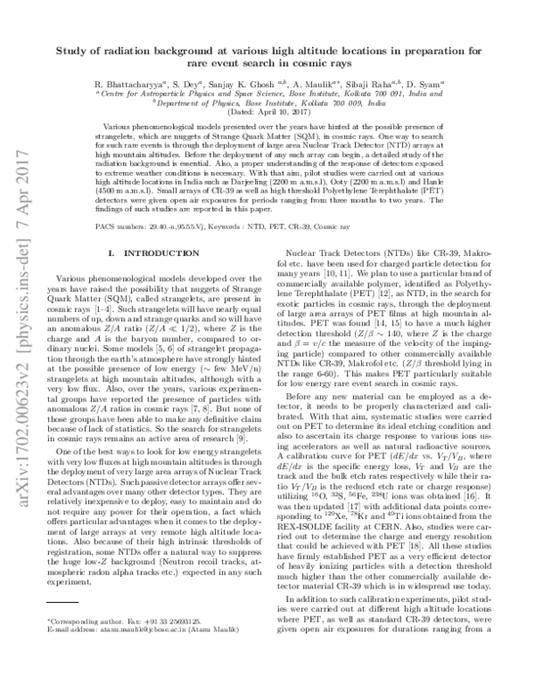 (PDF) Study of radiation background at various high altitude locations ...