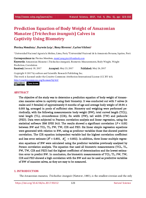 (PDF) Prediction Equation of Body Weight of Amazonian Manatee ...