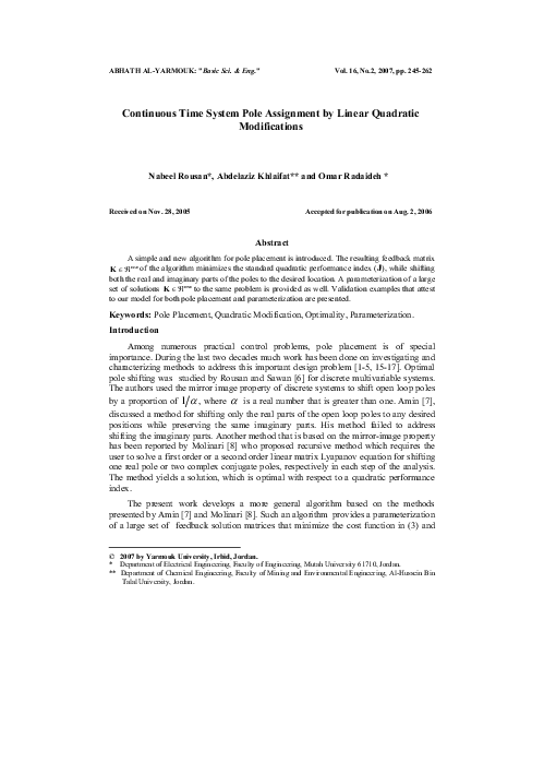 Pdf Continuous Time System Pole Assignment By Linear Quadratic