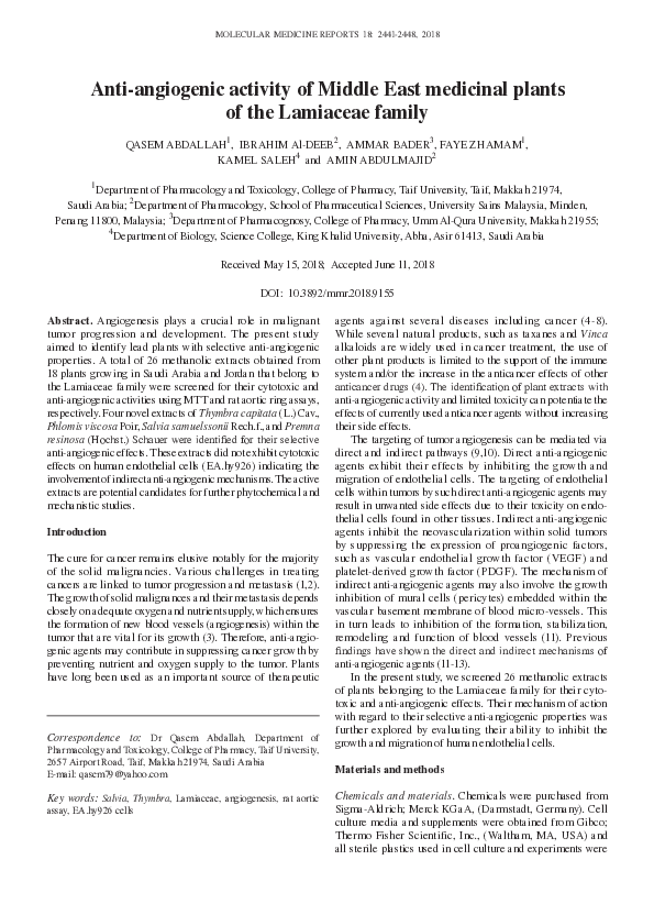 (PDF) Anti-angiogenic activity of Middle East medicinal plants of the ...