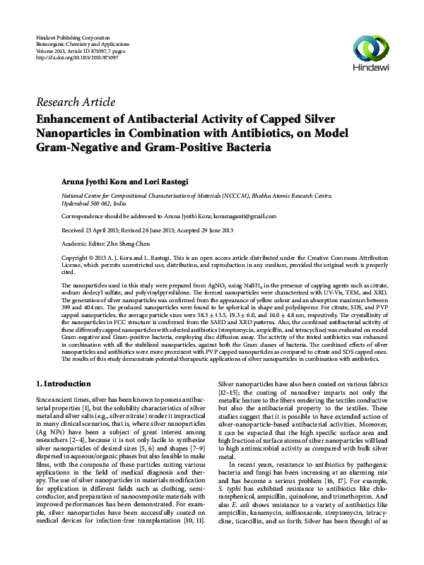 (PDF) Enhancement of Antibacterial Activity of Capped Silver Nanoparticles in Combination with ...