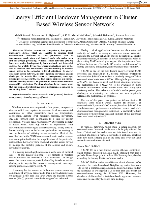 (PDF) Energy Efficient Handover Management in Cluster Based Wireless Sensor Network