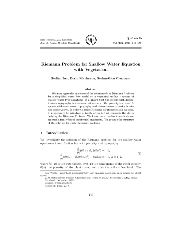 (PDF) Riemann Problem for Shallow Water Equation with Vegetation