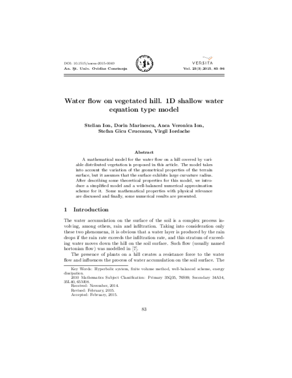 Pdf Water Ow On Vegetated Hill 1d Shallow Water Equation Type Model
